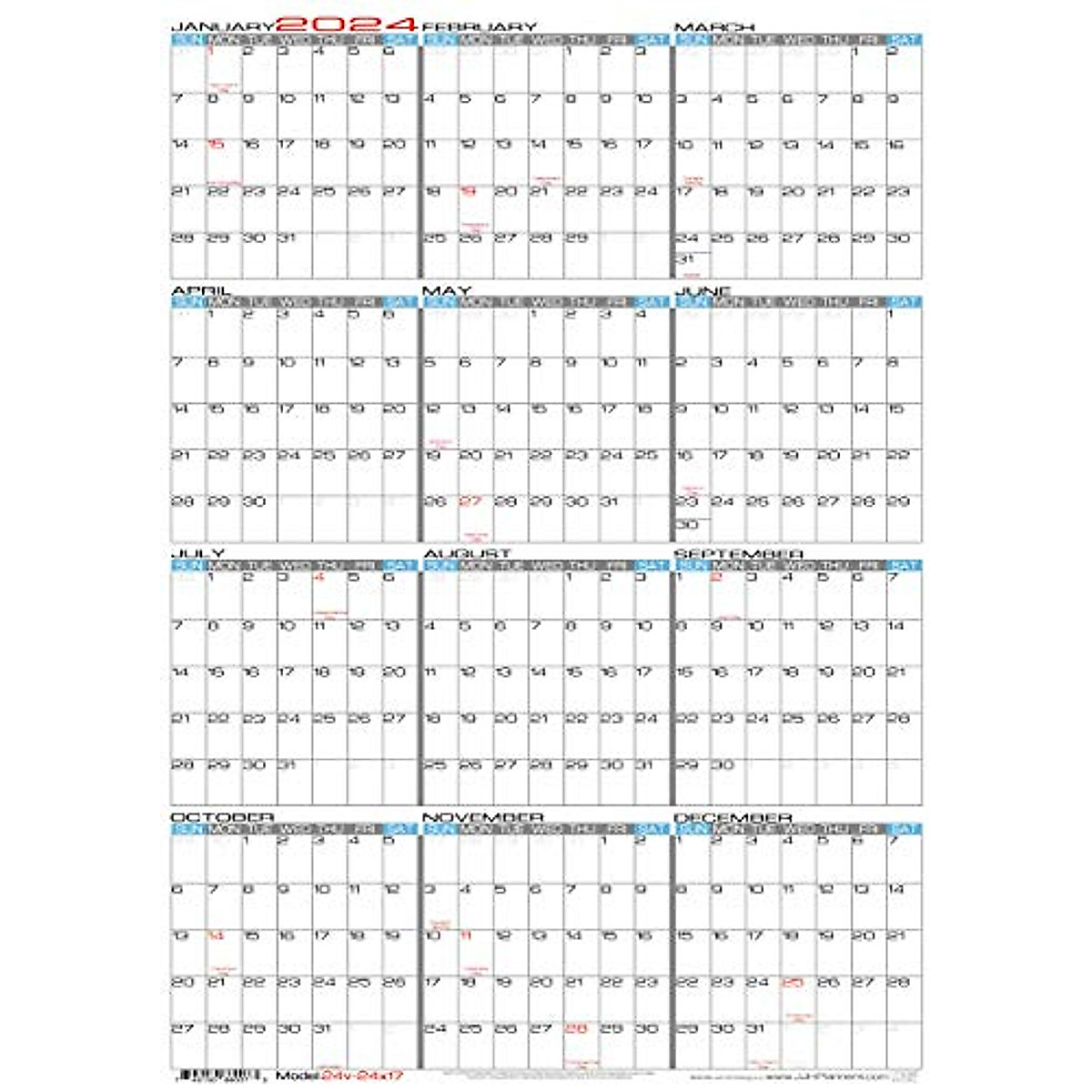 JJH Planners - Laminated - 24" X 17" Medium 2024 Erasable Wall Calendar - Vertical 12 Month Yearly Annual Planner (24v-24x17)