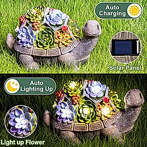GIGALUMI 【Upgraded】 11.5 Inch Solar Garden Statues Turtle Figurine with Succulent and 7 LEDs - Outdoor Fall Winter Garden Decor Statue Large Tortoise Statues for Yard Lawn Outdoor Decoration Gifts