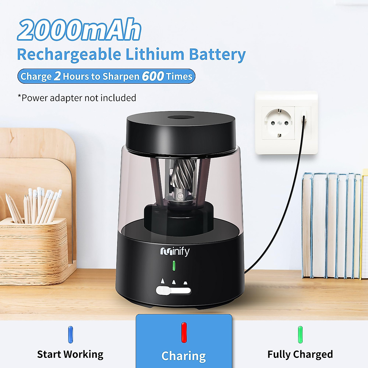 Minify Pencil Sharpener Electric Pencil Sharpener Heavy Duty Blade Rechargeable Battery Powered Pencil Sharpeners for 6-8mm Colored Pencils Auto Stop Fast Sharpen in 3s (Black)