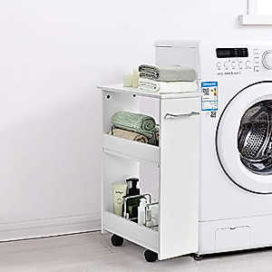 Tangkula Slim Bathroom Storage Shelves, Wooden Rolling Storage Cabinet w/ 3-Tier Shelves, Lockable Wheel, Towel Bar, Side Storage Organizer for Kitchen, Bathroom, Laundry, 18 x 8 x 25.5 inches (White)