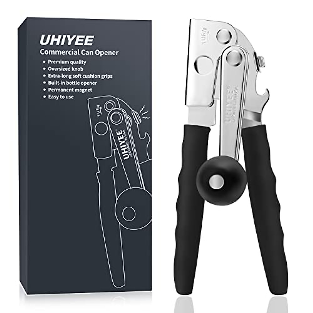 Commercial Can Opener, UHIYEE Hand Crank Can Opener Manual Heavy Duty with Comfortable Extra-long Handles, Oversized Knob, Large Handheld Can Opener Easy for Big Cans, Black