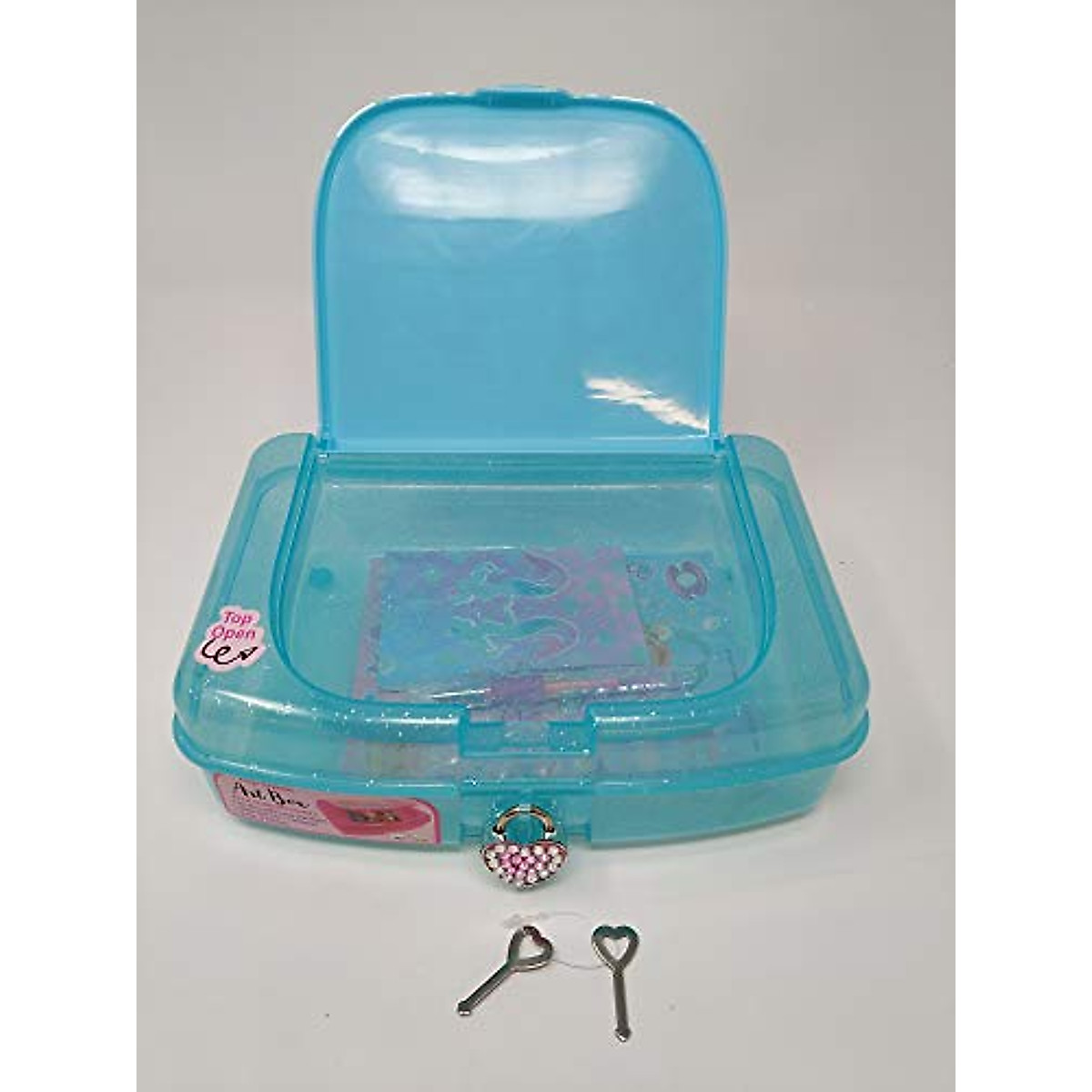 Hot Focus Art Box W/Compartments with Pad Locks and Keys – Mermaid Twins Girls School Pencil Case Box Includes Neon Gel Pen, Notepad and Stickers, Aqua, Blue, Silver, red, Purple, Pink (426 MM)