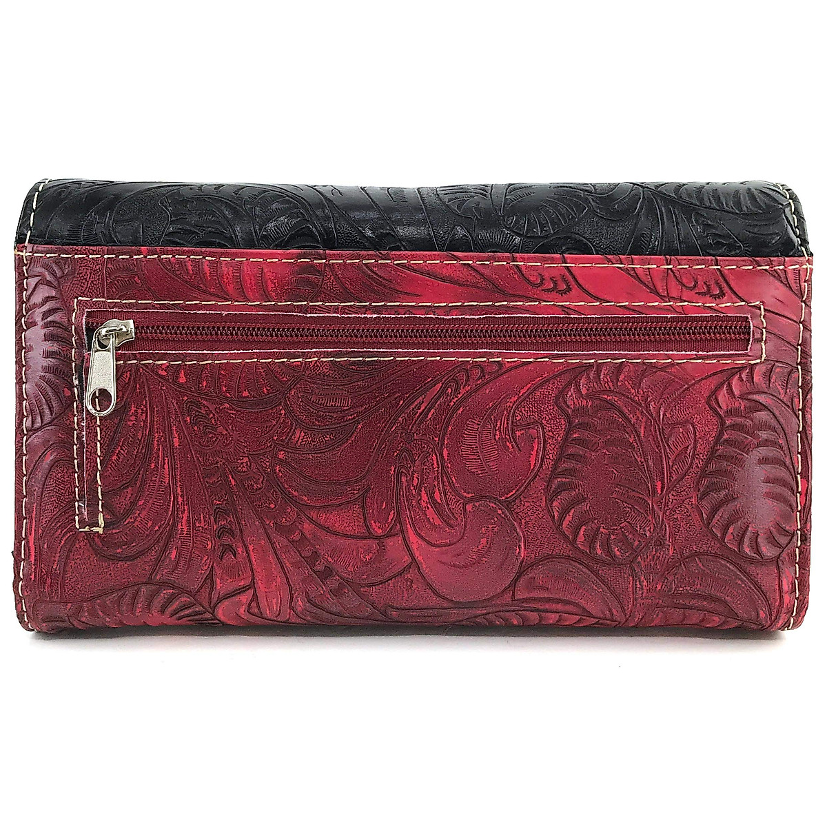 Floral Pu Tooled Leather Turquoise Concho Women Purse Crossbody Wallet Set Red