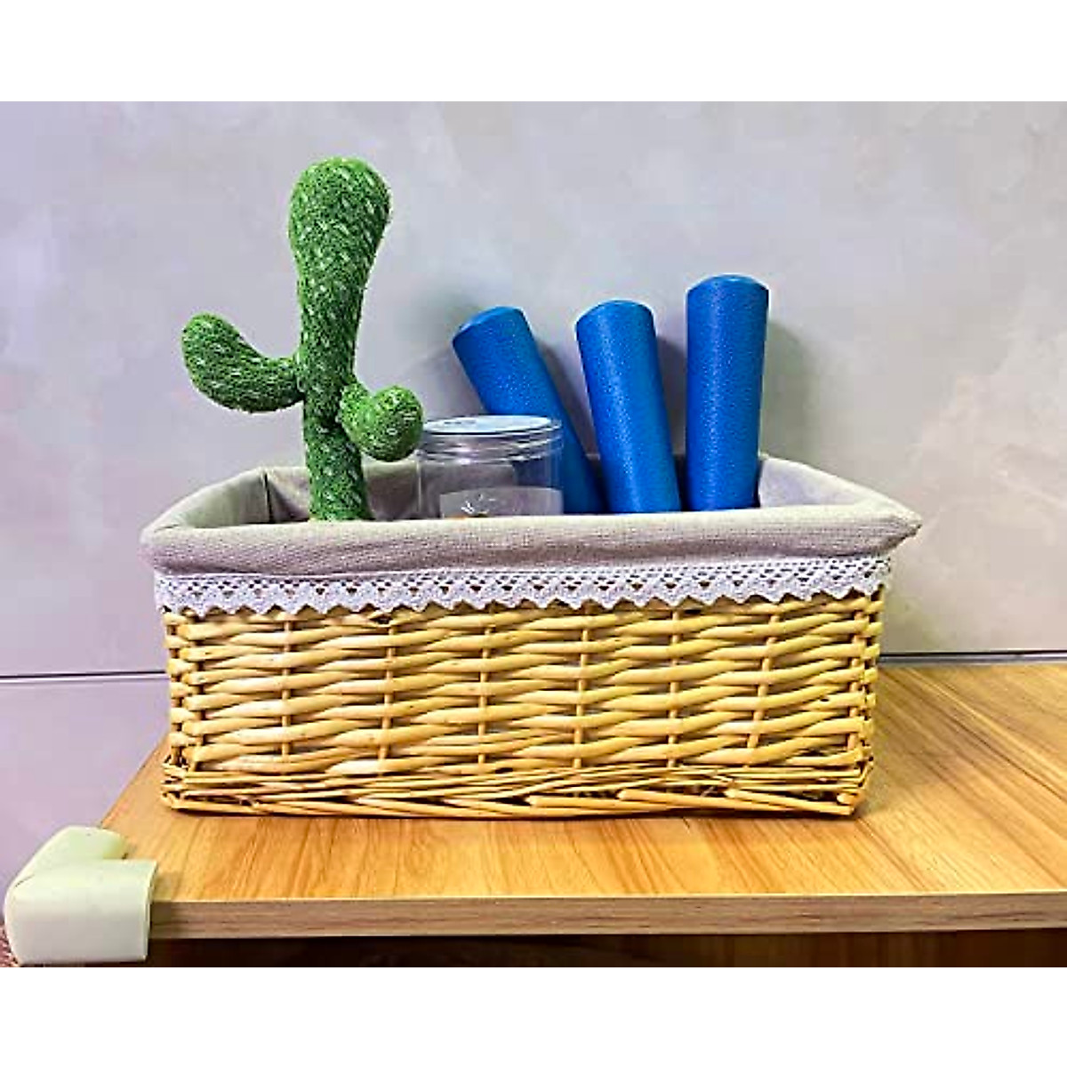 Handmade Wicker Storage Baskets Set, Shelf Baskets Woven Decorative Storage Bins Baskets Organizing Baskets, Nesting Baskets with Linings for Home (Natural)