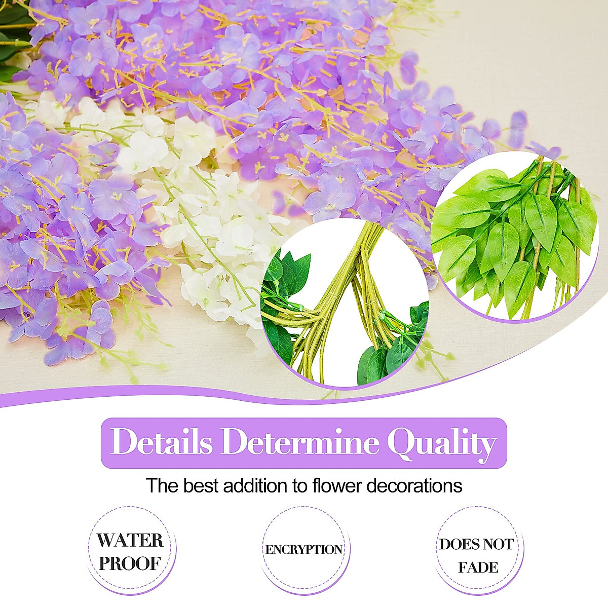 Artificial Wisteria Hanging Flowers 3.6 ft Artificial Fake Wisteria Vine Rattan Hanging Garland Silk Flowers String for Wall Home Wedding Party Greenery Decorations (Purple, White,24 Pcs)