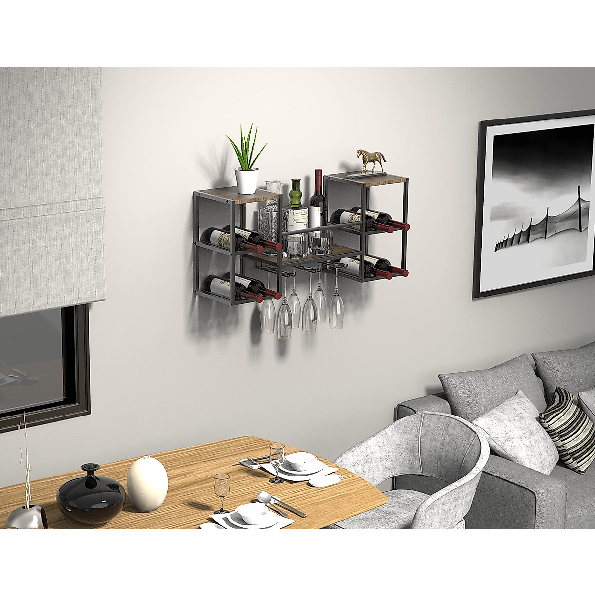 MOOMLIFE Wine Rack Wall Mounted with 3 Stem Glass Holders, Holds 12 Bottles Wine, Liquor Bottle Display Shelf, Elegant Storage for Kitchen, Dining Room