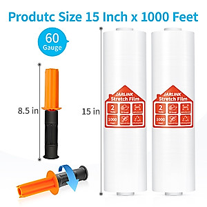 JARLINK Stretch Film, 15 Inch x 1000 Feet Shrink Wrap for Pallet Wrap, Industrial Strength Stretch Wrap with Handles, Moving Wrapping Plastic Roll, 60 Gauge, 2 Pack, Clear