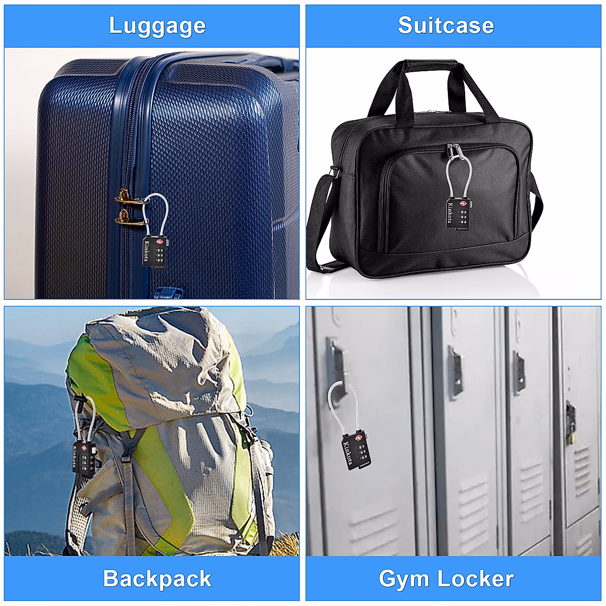 Kinkota Luggage Locks TSA Approved, 3 Digit Cable Combination Lock, Plastic TSA Lock for School, Gym, Suitcase, Baggage (2 Pack)