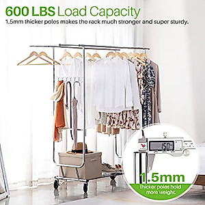 HOKEEPER Double Clothing Garment Rack with Shelves Capacity 600 lbs Clothing Racks on Wheels Rolling Clothes Rack for Hanging Clothes Heavy Duty Portable Collapsible Commercial Garment Rack Chrome
