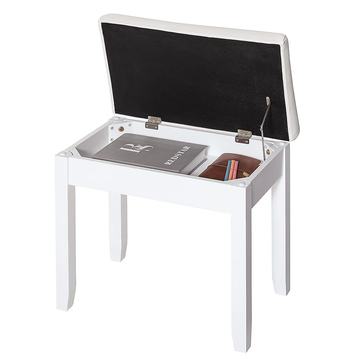 Iwell Piano Bench with Padded Cushion and Storage Compartment for Music Books, Keyboard Bench, Vanity Stool Chair with Solid Wood Leg, 20.5" L x 12.6" W x 19.7" H, White