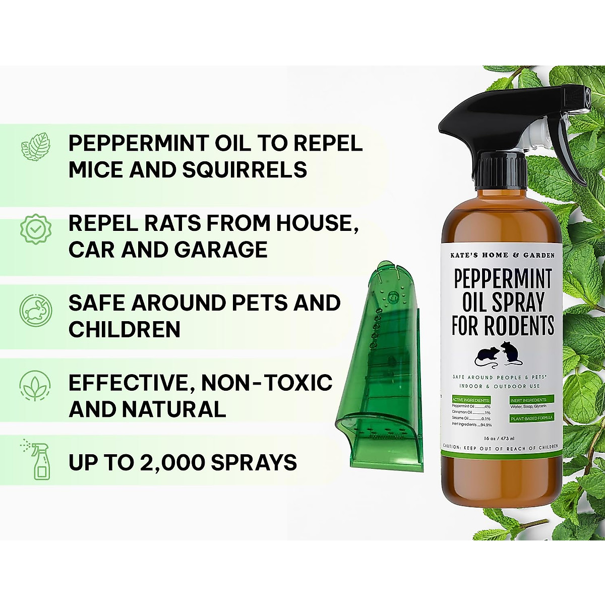 Kate's Home & Garden Peppermint Oil Spray for Rodents, Mice, Squirrels with Humane Trap. Rodent Repellent Indoor for Car Engines & Outdoor (16oz, Non Toxic)