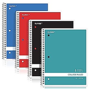 SUNEE Spiral Notebooks College Ruled, 1-Subject, 4 Pack, 8 x 10-1/2 inch, 70 Sheets per Notebook,3-Hole Punched Paper,Black, Red, Blue,Teal Spiral Lined Notebooks for Work, Home&School,Writing Journal