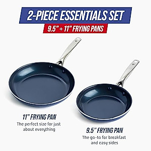 Blue Diamond 9.5” and 11" Frying Pan Skillet Set, Diamond Infused PFAS & PFOA-Free Ceramic Nonstick Pots & Pans, Durable Non Toxic Metal Utensil Safe & Scratch Resistant, Dishwasher & Oven Safe, Blue