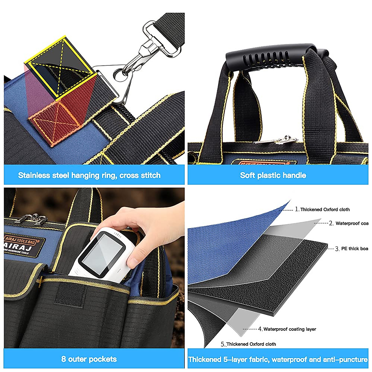 AIRAJ Tool Bag,18 Inch Waterproof Tool Bag Organizer with ABS Molded Hard Base,Soft Padded Handle and Shoulder Strap,Oxford Cloth,Tool Bags for Men & Women