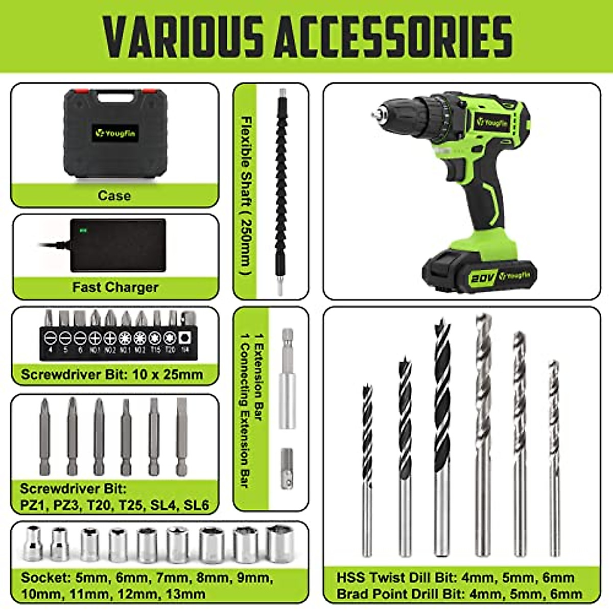 Yougfin Cordless Drill Set, 20V Power Drill Kit with Battery and Charger, 3/8" Keyless Chuck, Variable Speed, 25+1 Torque Setting, 34pcs Accessories Electric Drill Driver