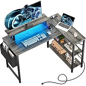 Homieasy L Shaped Computer Desk with LED Strip & Power Strip, 47 Inch Corner Desk with Monitor Stand Reversible Storage Shelves, Modern Simple Home Office Gaming Desk with Storage Bag(Black Oak)