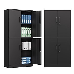 MIIIKO Steel Storage Cabinet with Locking Doors, Black Storage Cabinet with 4 Doors and 3 Adjustable Shelves, Tall Metal Locker Cabinet for Home Office, Garage, School