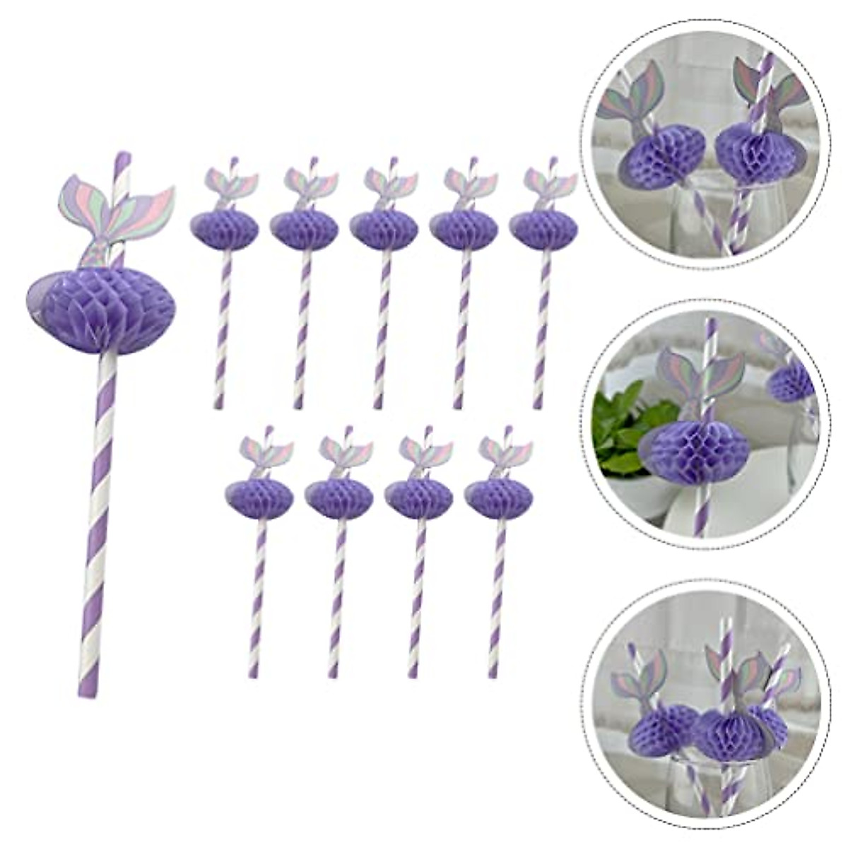 ABOOFAN Neon Straws Mermaid Paper Straws Biodegradable Striped Paper Straws Purple Honeycomb Drinking Straws 50pcs for Birthday Party Under The Sea Party Supplies Colored Straws