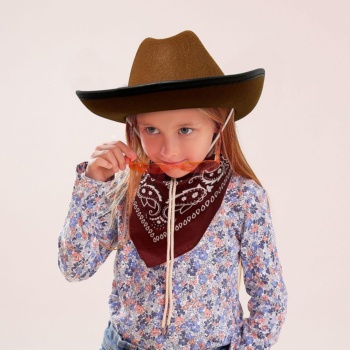 JeVenis Brown Cowgirl Hat Girls Cowboy Hat Kids Western Cowgirl Hat Bandana heart shape Sunglasses for Birthday Party