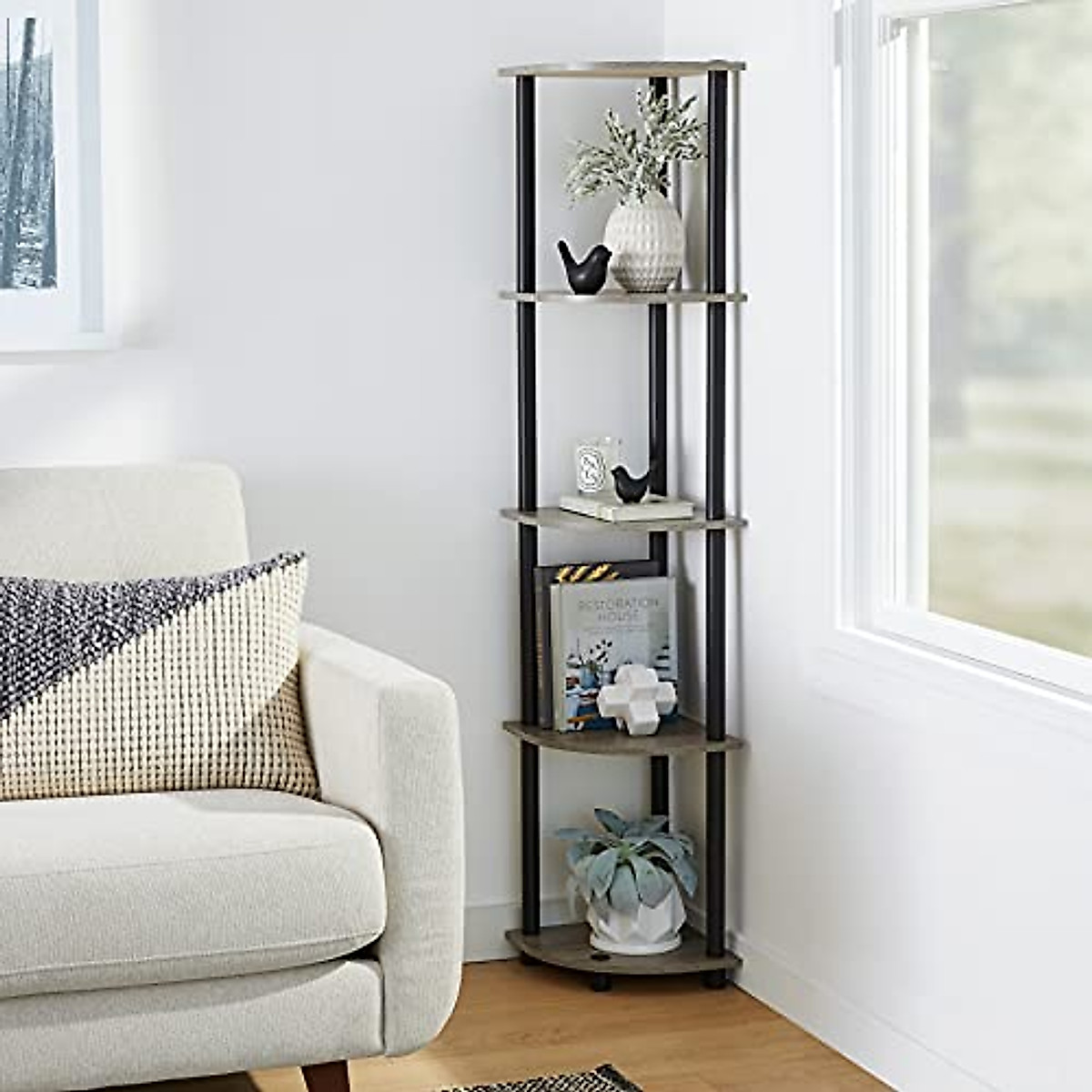 Furinno Turn-N-Tube 5 Tier Corner Display Rack 2 Pack, French Oak Grey/Black
