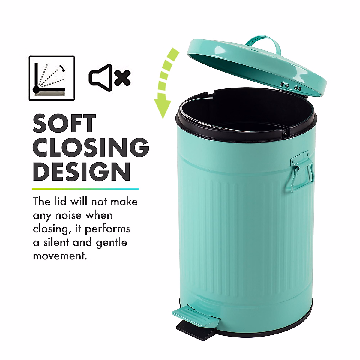 Mint Green Trash Can with Lid, Turquoise Bathroom Bedroom Waste Basket Soft Close, Small Teal Garbage Can, Retro Vintage Home Office Trash Can, 12 Liter/3 Gallon, Glossy Mint Green