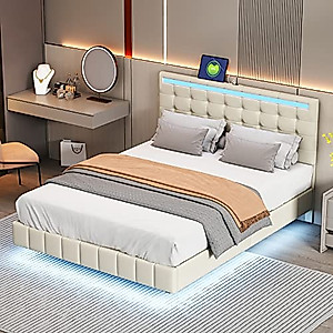 SIYSNKSI Modern Queen Upholstered Platform Bed with LED Lights, Floating Bed Frame with USB Charging and Headboard, Upholstered Platform Bed Frame for Kids Teens Adult Bedroom (Beige-055)