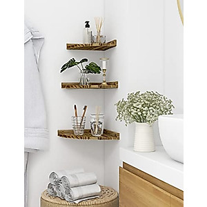 Godimerhea Floating Corner Shelves for Wall, Rustic Solid Wood Wall Mounted Set of 3, Display Hanging Decor Kitchen Storage Heavy Duty Corner Shelf for Living Room Bedroom Bathroom, Brown