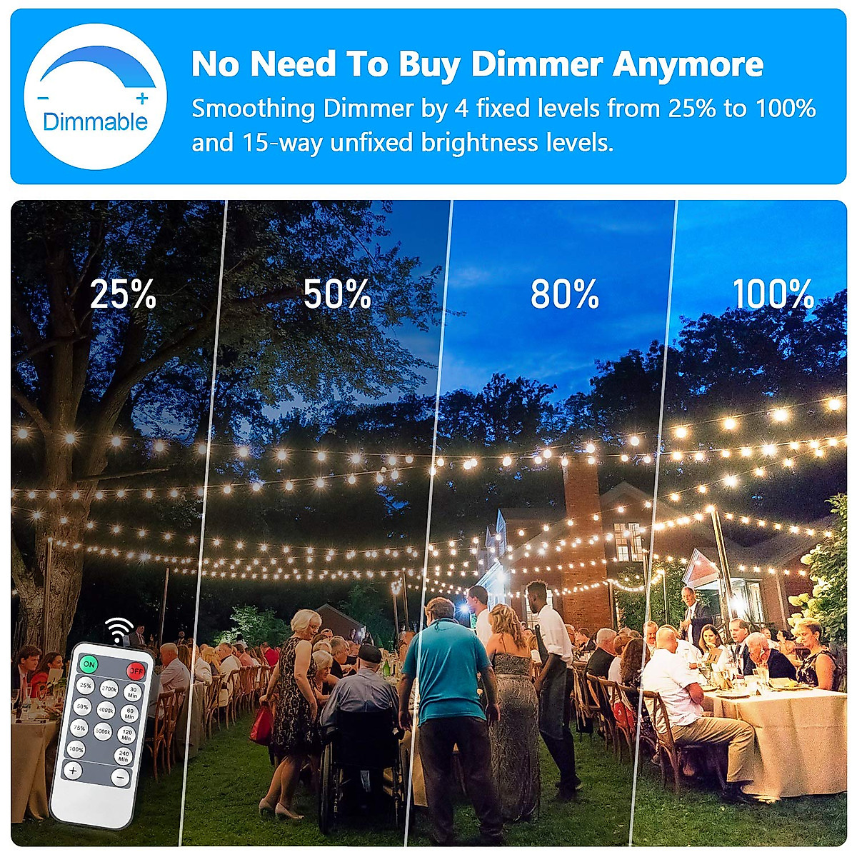 3 Color Dimmable LED Outdoor String Lights with Remotes, 48FT Waterproof Patio Hanging Lights with Shatterproof E26 S14 LED Bulbs for Bistro Cafe Pergola Party, Warm White/Nature White/Daylight White