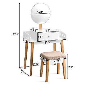 GOFLAME Vanity Dressing Table Set with Cushioned Stool & Height-Adjustable Large Mirror, Makeup Dressing Table Desk with Large Drawer for Home Office Bedroom Contemporary Vanity Table Desk, White