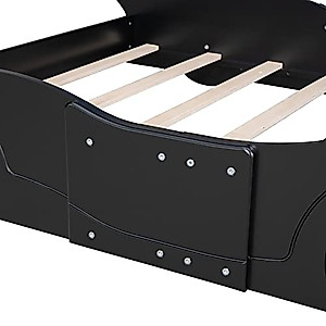 Zaboro Full Size Race Car-Shaped Platform Bed for Children, Solid Wood Bed Frame with Safety Rails and Wheels, Modern Low Bed with Sturdy Slats Support for Boys and Girls, No Box Spring Needed, Black