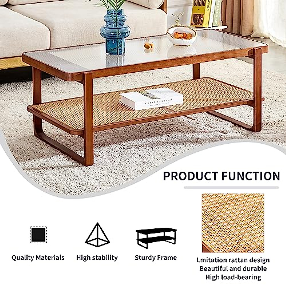 45.28" Walnut Wood Coffee Table with Craft Glass Top, Mid-Century Modern Rattan Coffee Table 2-Tier Glass Coffee Table with Storage for Living Room, Dining Room,Bedroom