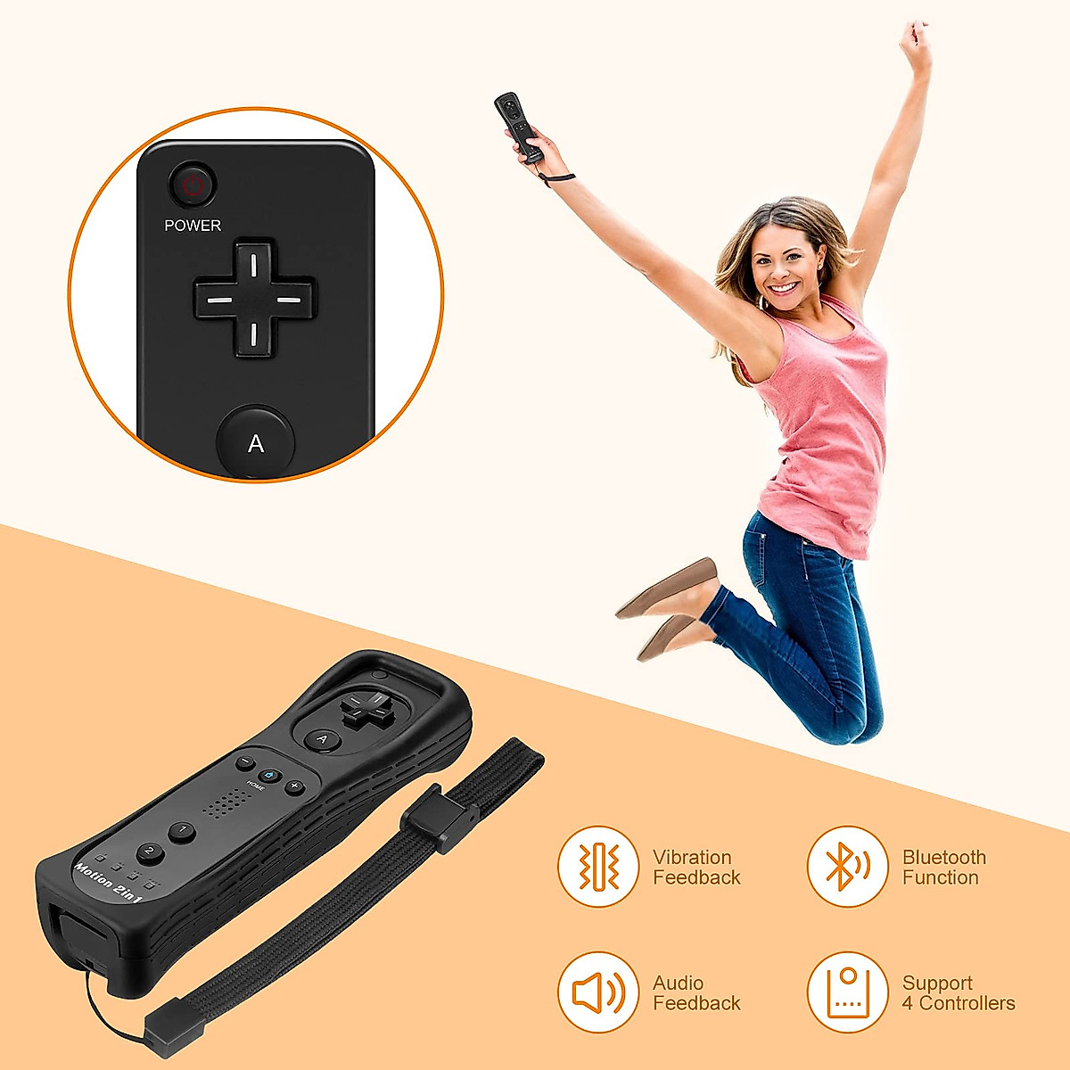 Wii Controller, 2 in 1 Wii Remote Controller with Motion Plus for Nintendo Wii and Wii U, Wireless Wii Game Controller with Silicone Case and Wrist Strap (Black)