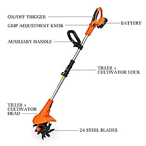 Ukoke Cordless Tiller Cultivator 20V 2.5 A Battery 280 max RPM Powered Tiller Cultivator, w/24 Steel Blade Cultivate Max Tilling 5'' deep Path by 7.8'' Wide, Orange, ST1902