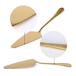 Ymeibe Stainless Steel Cake Server Pack of 10 Pie Holder Transfer Triangular Spade Spatula Serrated Edge for Pizza Cake Baking Safe in Dishwasher (Gold)