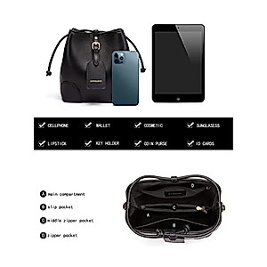 DORIS&JACKY Leather Drawstring Shoulder Bag Small 2 Way Bucket Crossbody Purse For Women (1-Black)