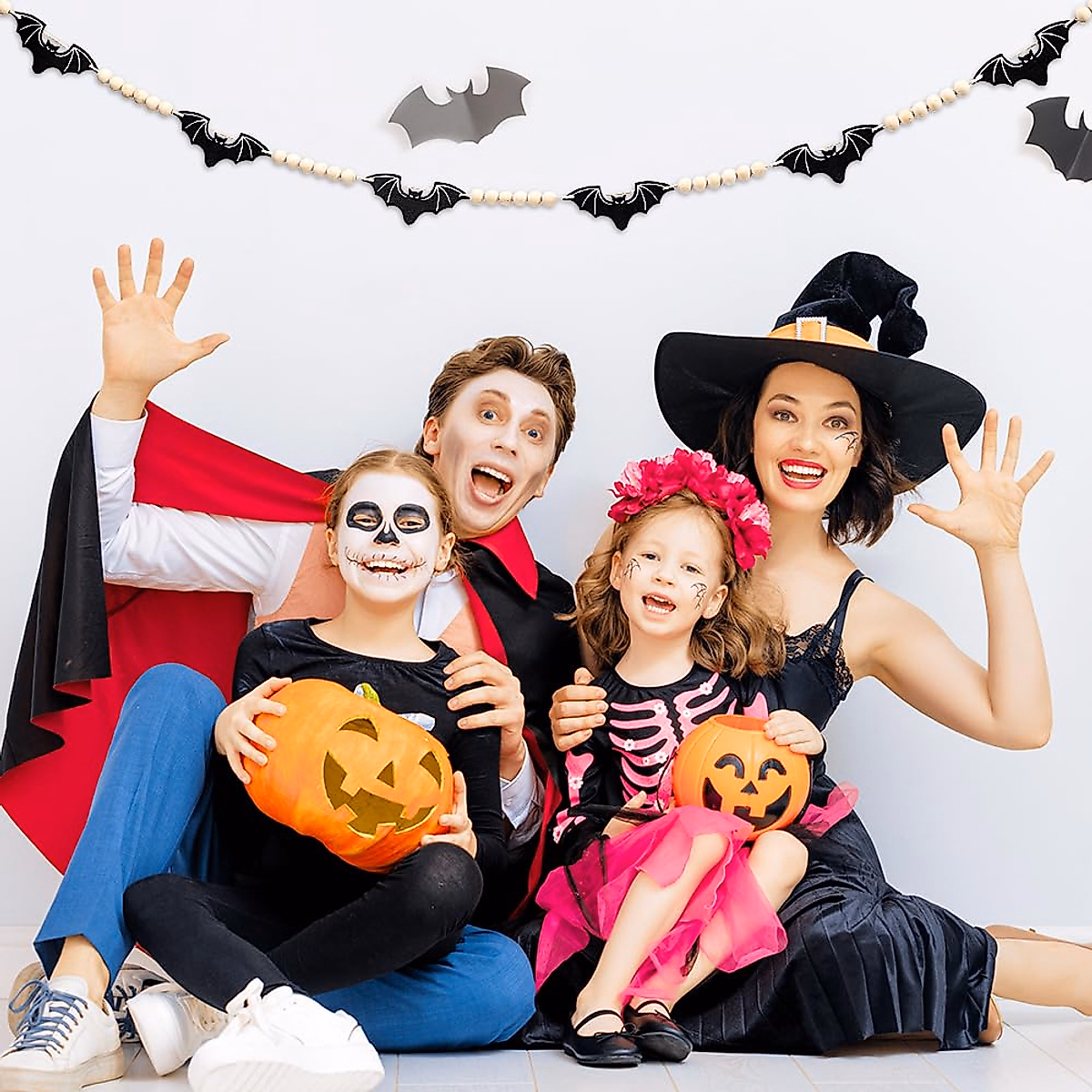 AKEROCK Halloween Garland, Halloween Decorations Indoor - Farmhouse Wood Bat with Skeleton and Bead Halloween Banner for Fireplace Mantel Decoration - Bats Garland