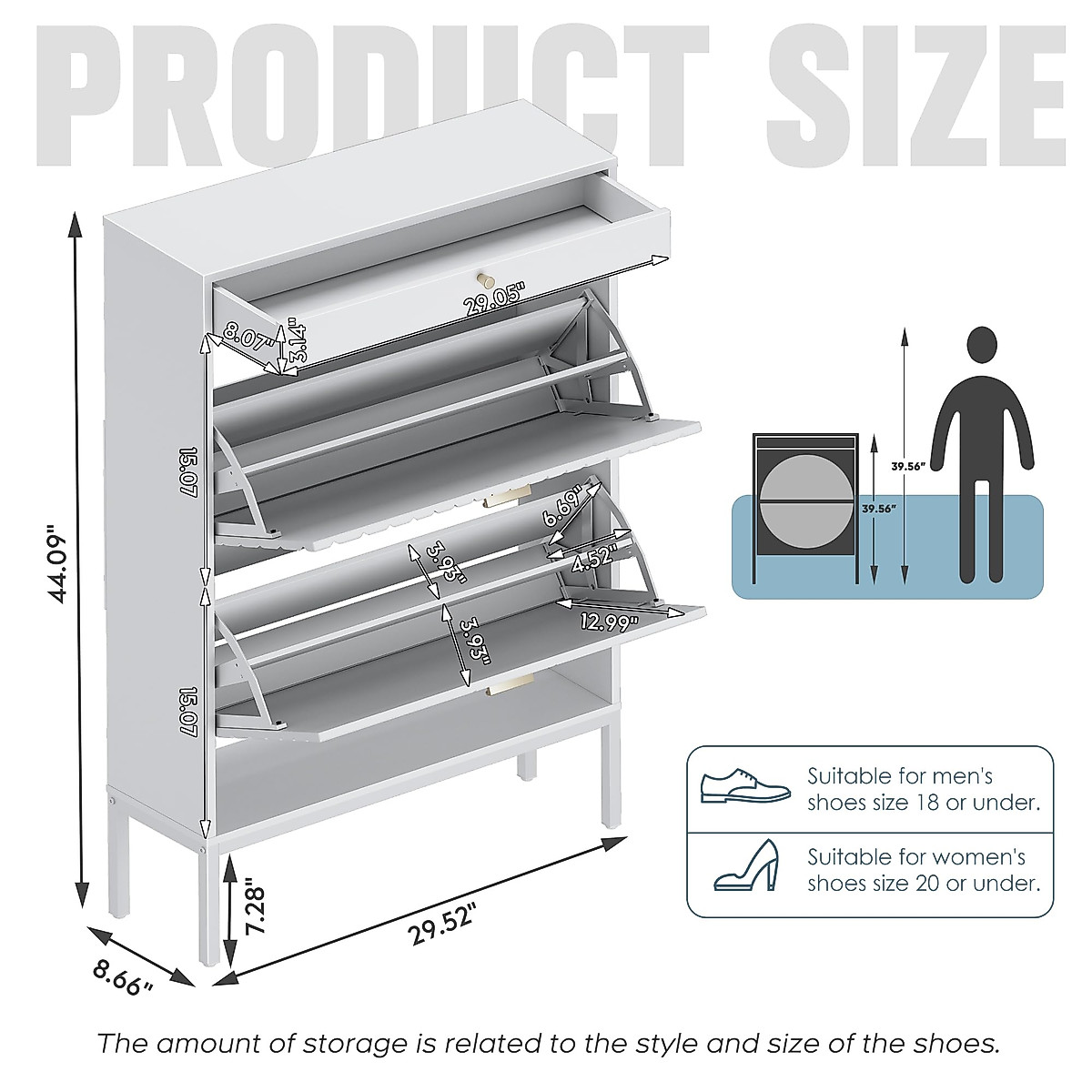 Brafab Shoe Storage Cabinet with 2 Flip Drawers&1 Small Drawer, Slim Entryway Shoe Organizer with Sun Pattern Doors for Leather Shoes,Pure White