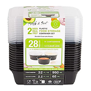 Plastic Meal Prep Container Set (28 Pieces) - 32 oz Food Storage Containers (14PCS) & 2 oz Sauce Cups with Lids (14PCS) - Microwavable & Freezable Reusable Lunch Boxes - BPA-Free Dishwasher Safe