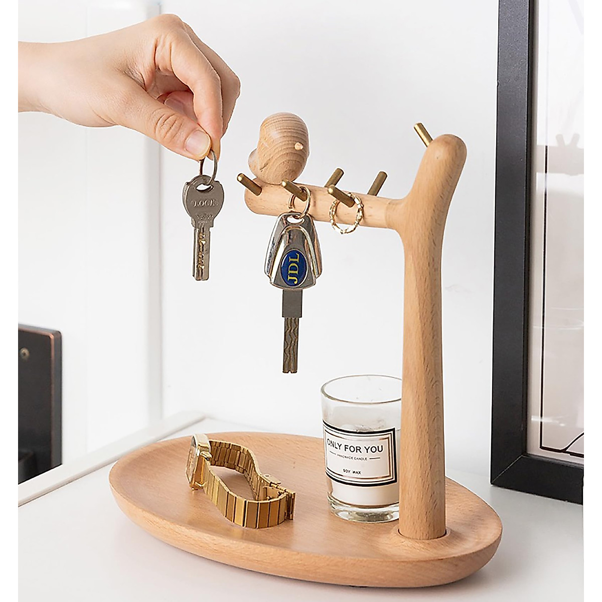 Nbcymg Wood Key Holder Jewelry Catchall Tray for Entryway Tabletop Key Stand Hanging Organizer with 8 Brass Tone Hooks