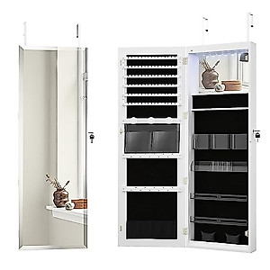 Hzuaneri 8 LEDs Jewelry Cabinet Armoire, 42.7" Tall Frameless Mirror Jewelry Organizer, lockable Wall/Door Mounted Makeup Jewelry Storage with Mirror, 4 Shelves, White and Black JC10803B