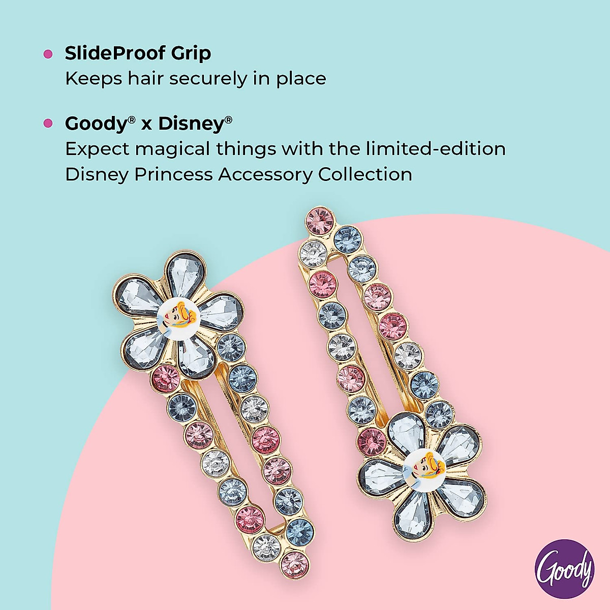 Goody Hinge Jewel Clip - Disney Princess, Cinderella - Slideproof Rhinestone Hair Accessories for Men, Women, Boys & Girls - Style With Ease & Keep Your Hair Secured - All Hair Types