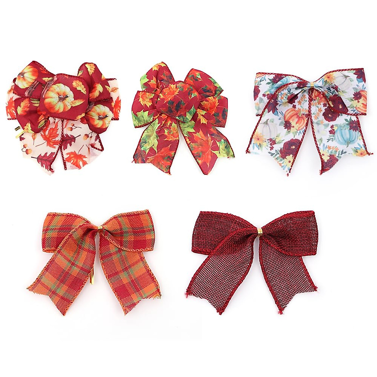 1.5" and 2.5'' Burgundy Fall Pumpkin Maple/Oak Leaf Wired Ribbon for Autumn and Thanksgiving Holiday 6 Rolls Total 30 Yards in Length (Fall Pumpkin)