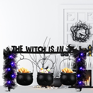 Halloween Witch Cauldron Candy Serving Bowl Halloween Punch Bowl Lighting Party Decorations for Table Kitchen Indoor Outdoor Halloween Candy Holder with Iron Rack and Garland Spiders
