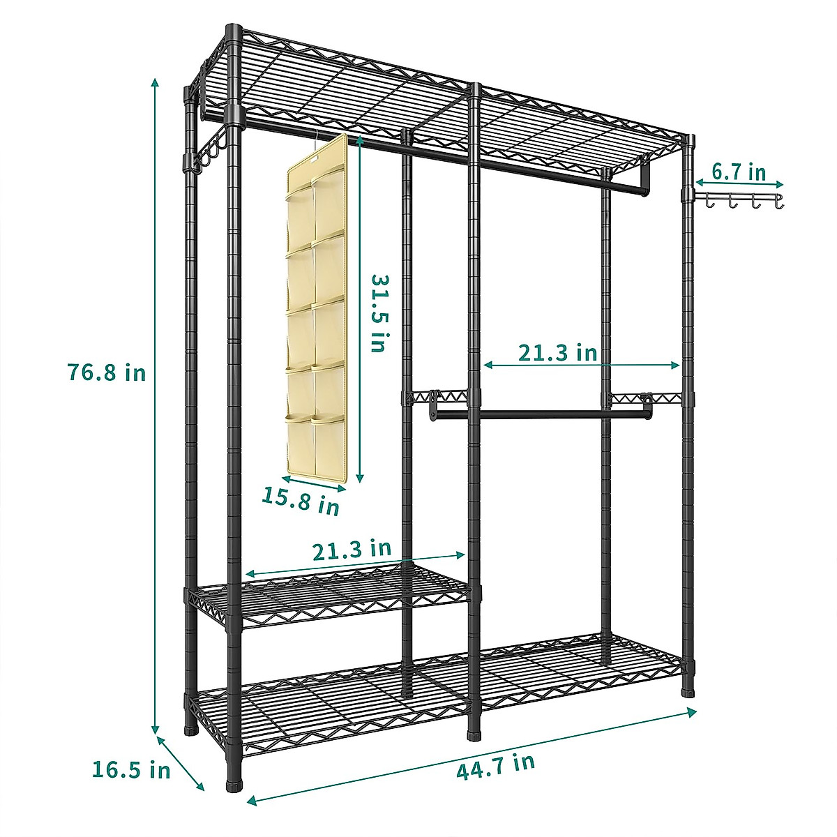 Exglobol Heavy Duty Garment Rack, Metal Closet Organizers and Storage, Wardrobe Clothing Racks for Hanging Clothes, 3 Tiers Adjustable Wire Shelving with 2 Hanger Rods and Side Hooks, Black
