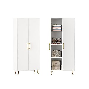 NOVAMAISON White Storage Cabinet 69” Tall - Storage Cabinet w/ 2 Doors and Adjustable Shelves, Freestanding Kitchen Pantry w/Gold Handles and Legs, Wooden Wardrobe Cabinet for Bedroom, Laundry