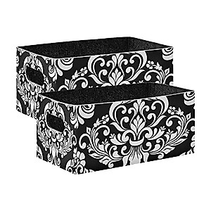 Kcldeci Baroque Damask Foldable Storage Bin Basket Set [2-Pack] Black White Floral Elegance Flowers Fabric Collapsible Organizer Storage Cube Box For Home Office Closet