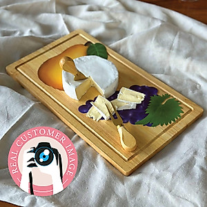 Cheese Board Wood Platter with Gold Brass Cheese Knife Set and Bonus Paper Decorations, Whitewash Wooden Charcuterie Server with Golden Knives (Cheese Board with Utensils and Paper Decor)