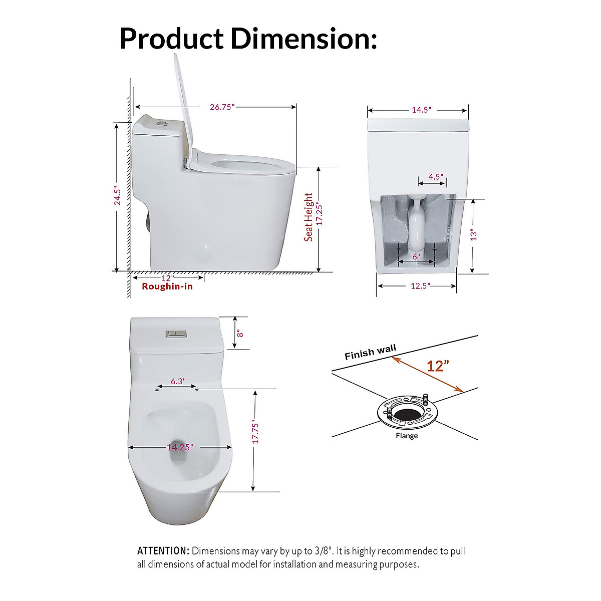 WinZo WZ5080 Elongated Dual Flush One Piece Toilet Low Profile 17.25" Comfortable Chair Height with Soft Closing Seat White