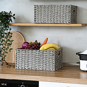 ROSOS Wicker Baskets 2 Pack, Wicker Storage Basket with Handles, Large Wicker Baskets for Storage, Waterproof Wicker Baskets for Organizing, Large Storage Baskets Wicker 15" and Medium 14", Grey
