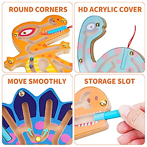 NiToy 3-Pack Wooden Magnetic Maze Toys for Kids 3+, Dinosaur Interactive Puzzle Game Boards Montessori Labyrinth STEM Activity Child Fine Motor Skill Development Preschool Birthday Gifts (3 Dinosaurs)